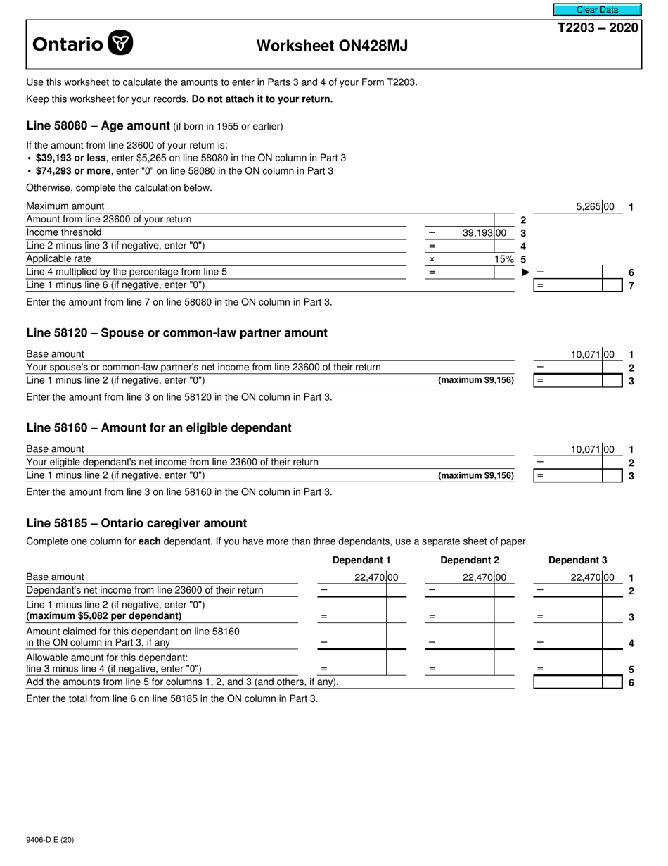 Form T2203 (9406-D) Worksheet ON428MJ - 2020 - Fill Out, Sign Online ...