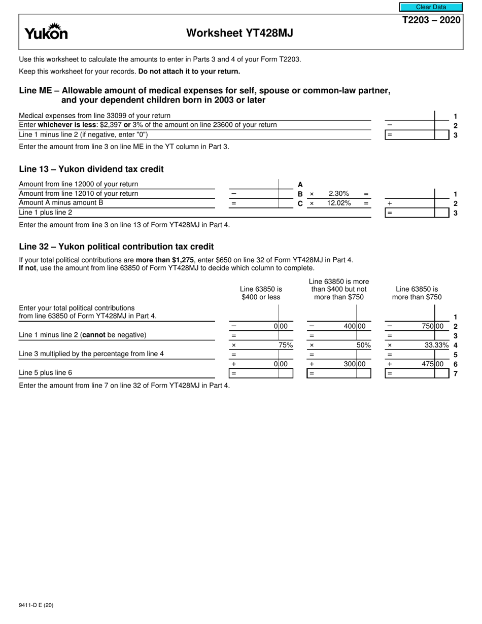 Form T2203 (9411-D) Worksheet YT428MJ - 2020 - Fill Out, Sign Online ...