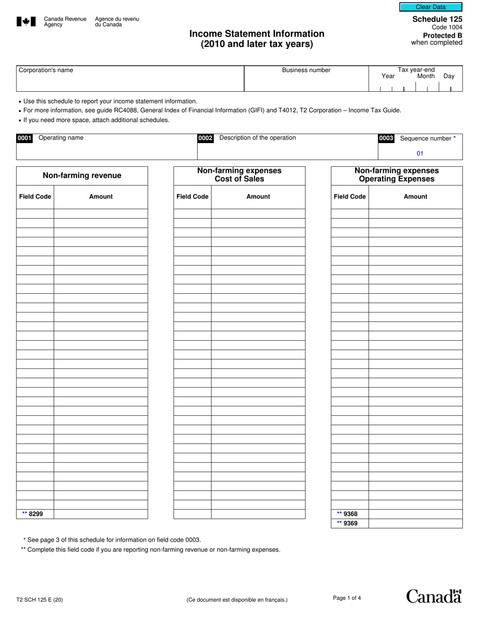 Form T2 Schedule 125 Download Fillable PDF or Fill Online Income ...