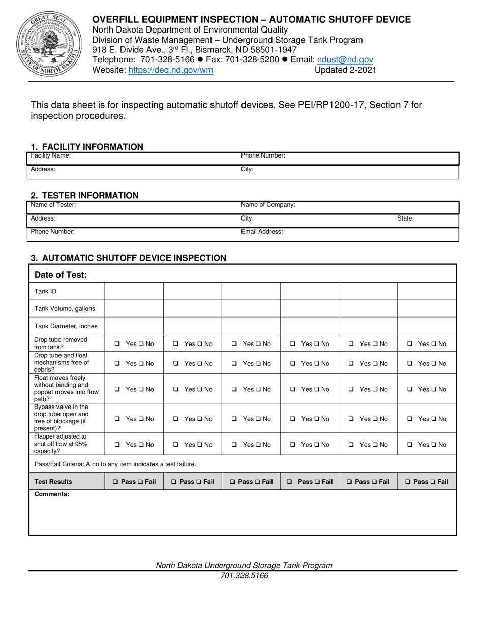 North Dakota Overfill Equipment Inspection - Automatic Shutoff Device ...