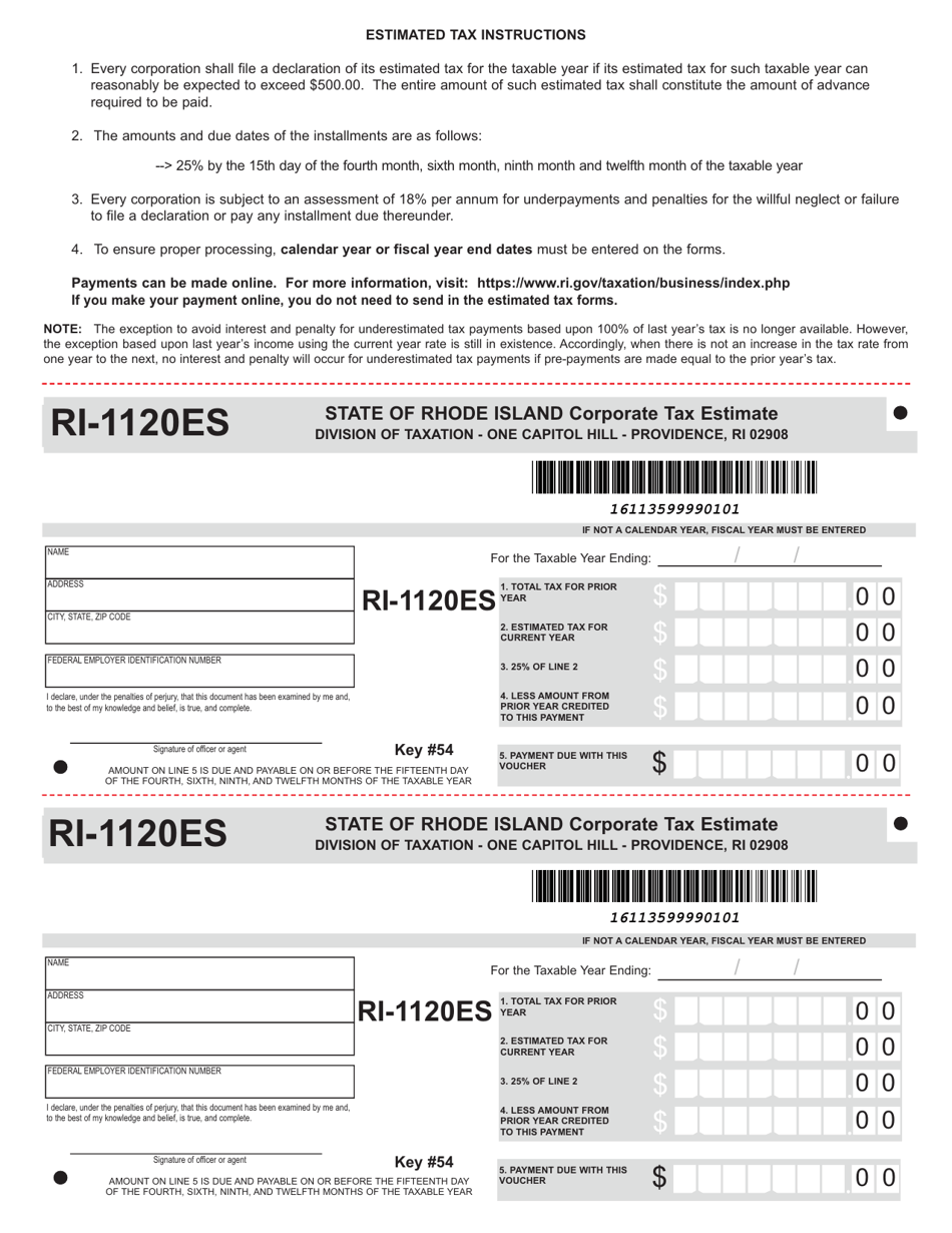 Form RI-1120ES - Fill Out, Sign Online and Download Fillable PDF, Rhode Island | Templateroller