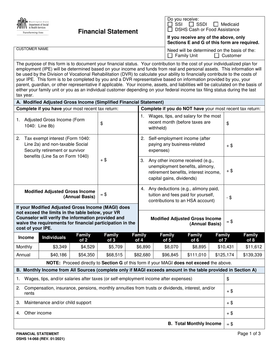 DSHS Form 14-068 Download Printable PDF or Fill Online Financial ...