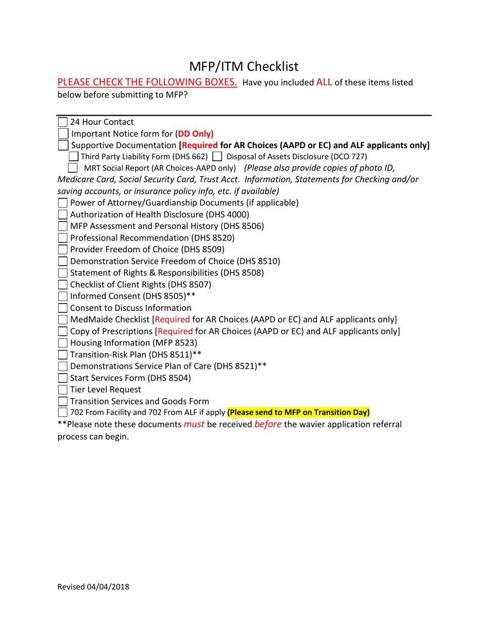 Arkansas Mfp/Itm Checklist - Fill Out, Sign Online and Download PDF ...