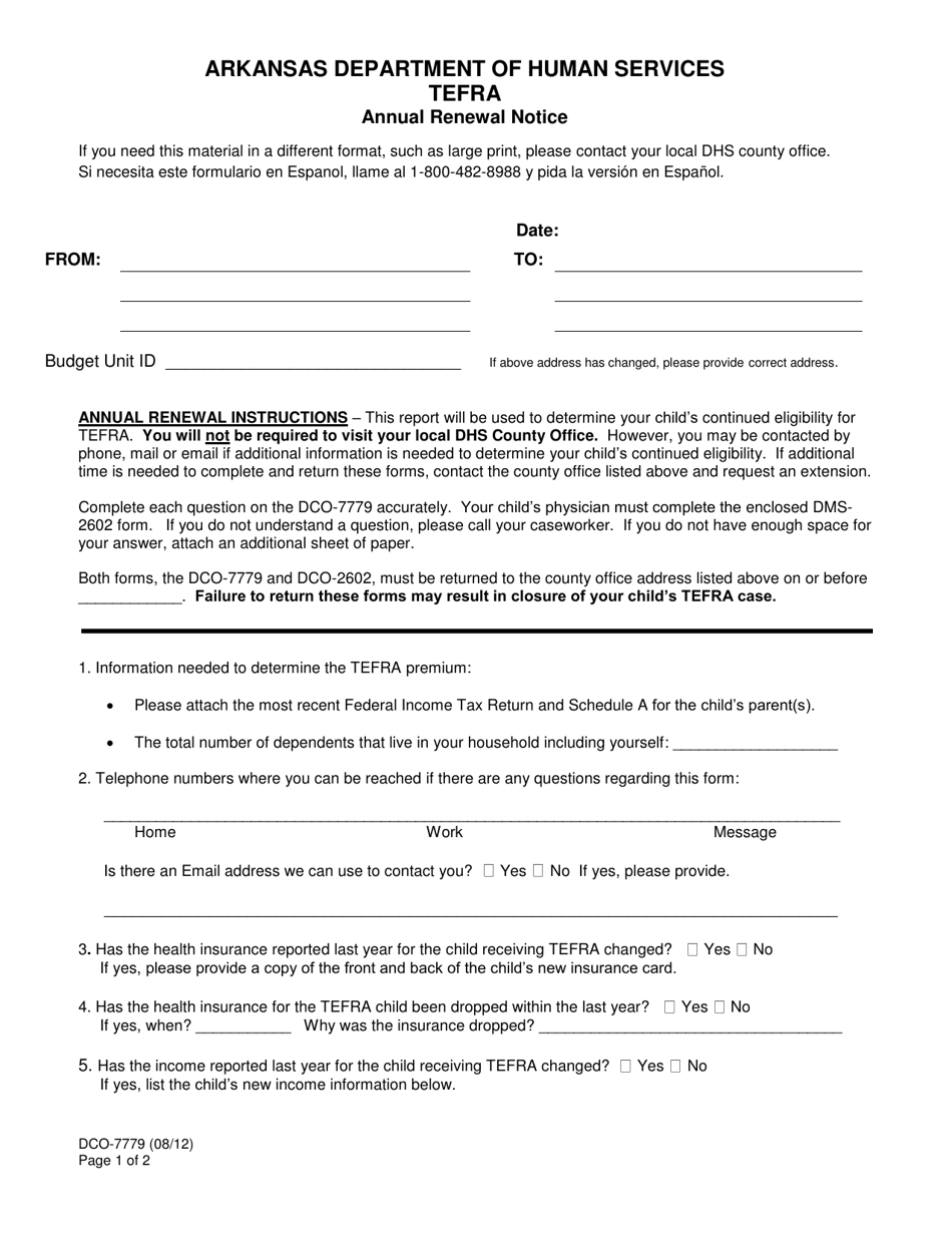 Form DCO-7779 - Fill Out, Sign Online and Download Printable PDF ...