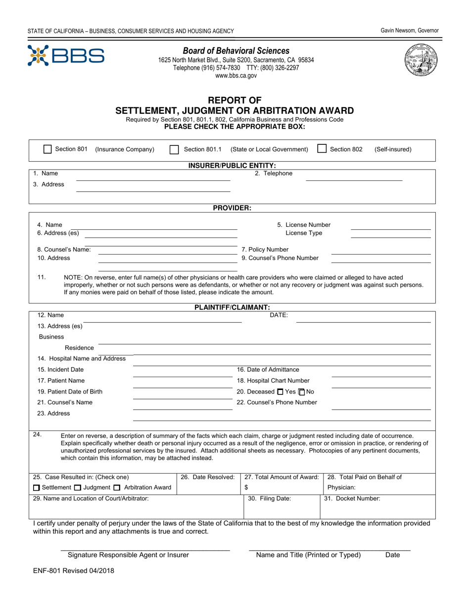 Form ENF-801 - Fill Out, Sign Online and Download Fillable PDF ...