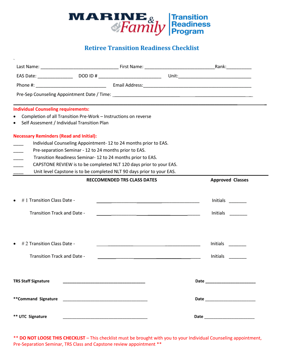 Hawaii Retiree Transition Readiness Checklist - Fill Out, Sign Online ...