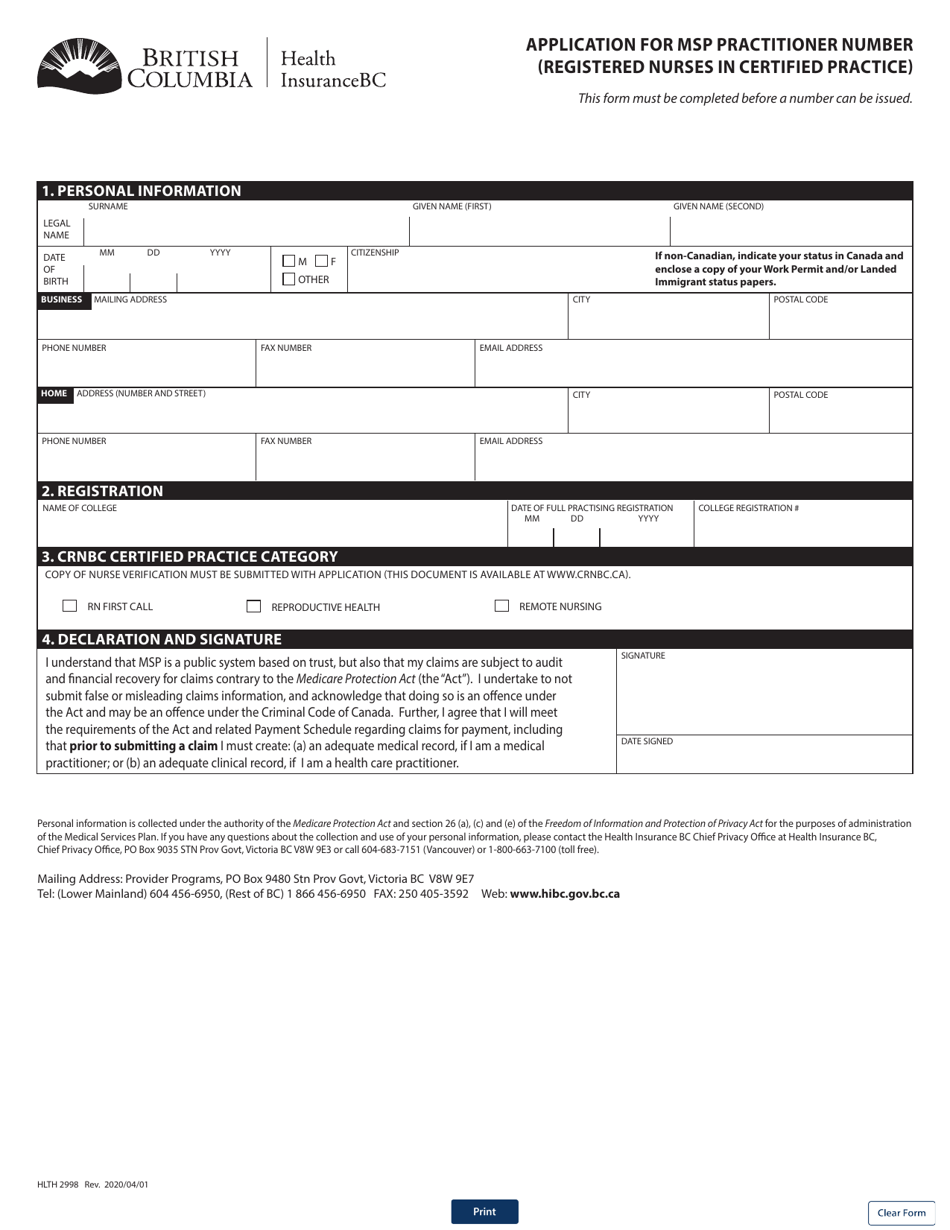 Form HLTH2998 - Fill Out, Sign Online and Download Fillable PDF ...