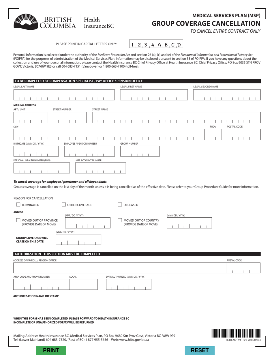Form HLTH217 - Fill Out, Sign Online and Download Fillable PDF, British ...