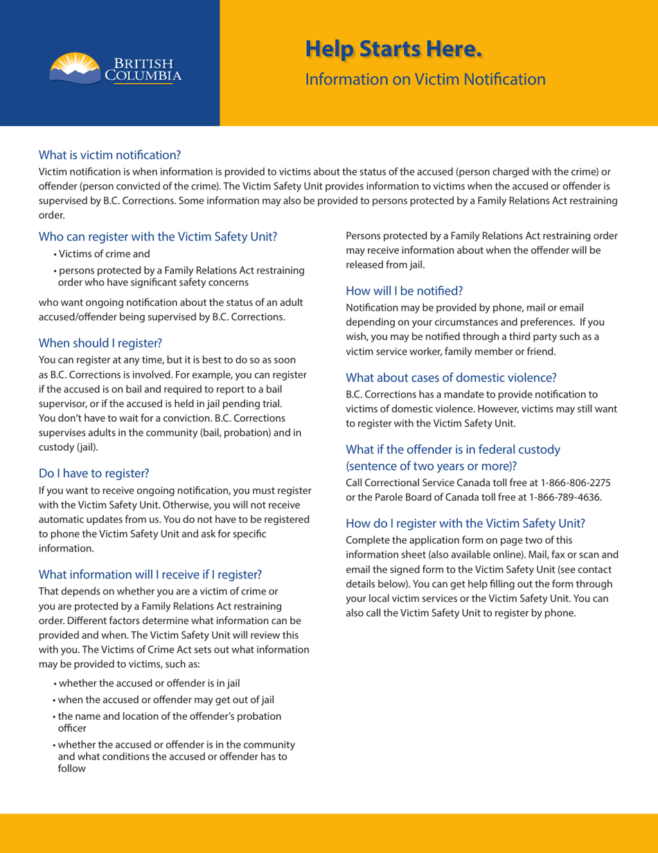 British Columbia Canada Victim Safety Unit Notification Application ...