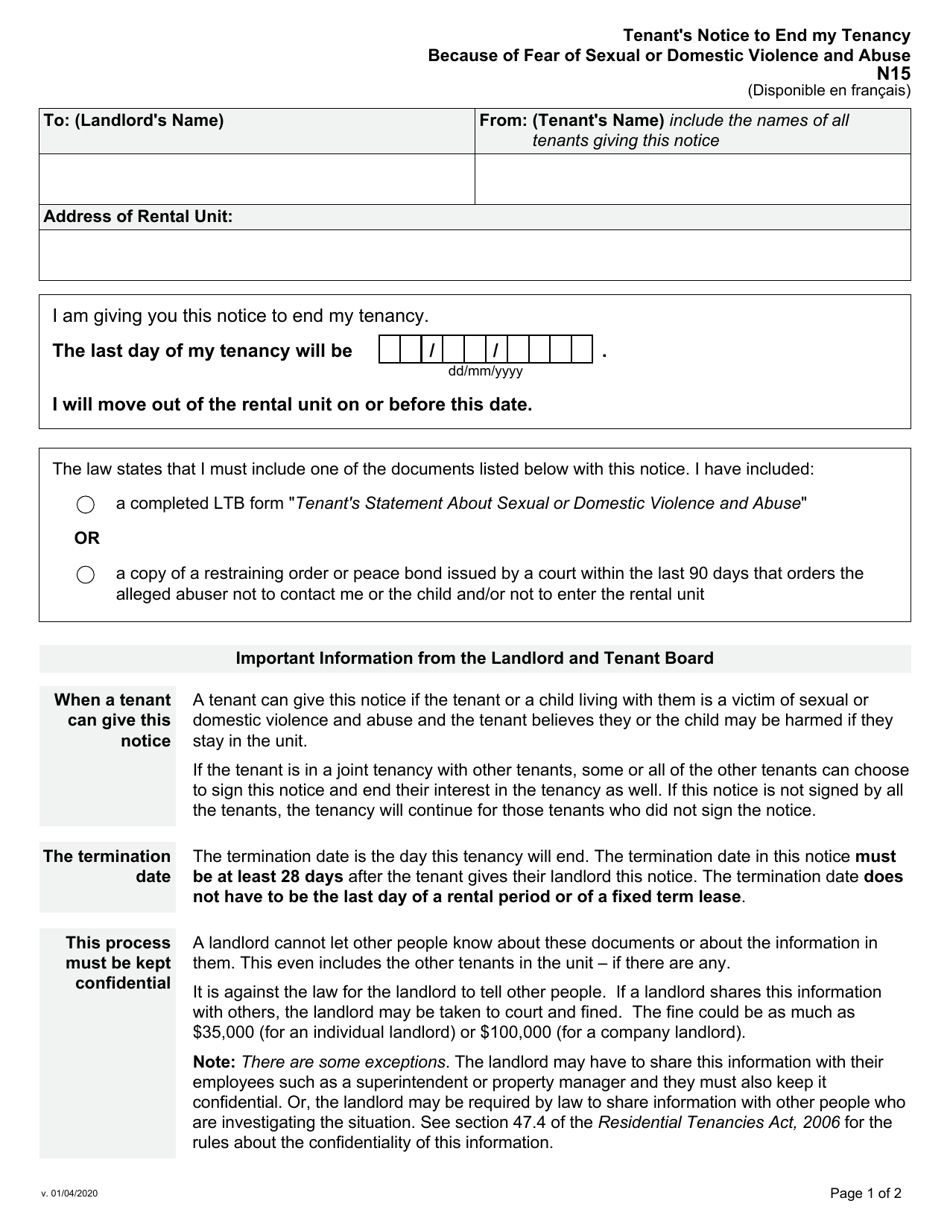 Form N15 - Fill Out, Sign Online and Download Fillable PDF, Ontario ...