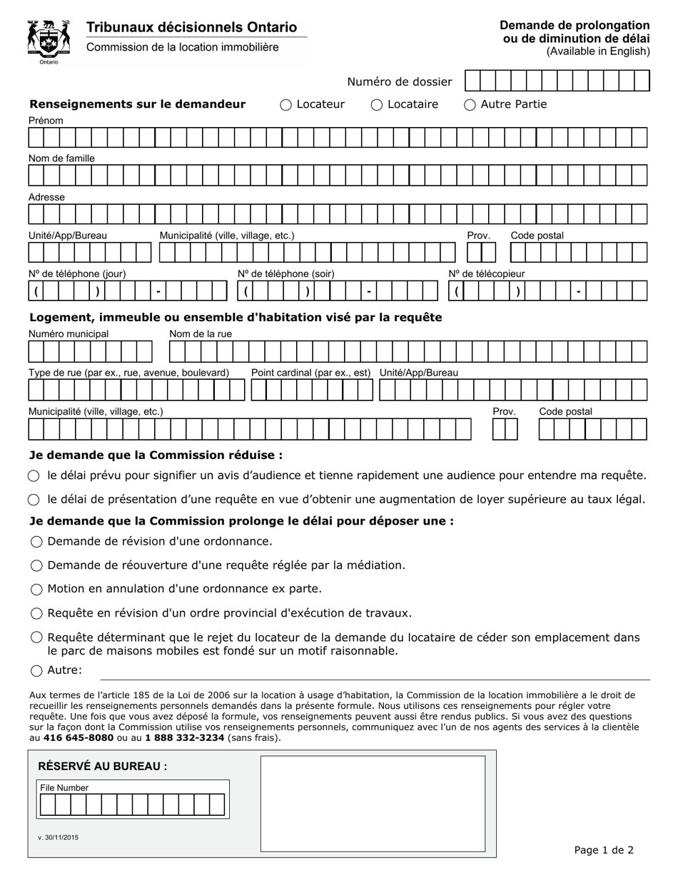 Ontario Canada Demande De Prolongation Ou De Diminution De Delai ...