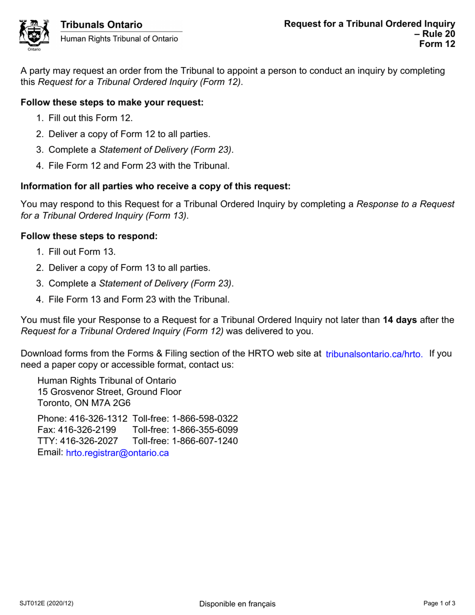 Form 12 - Fill Out, Sign Online and Download Fillable PDF, Ontario ...