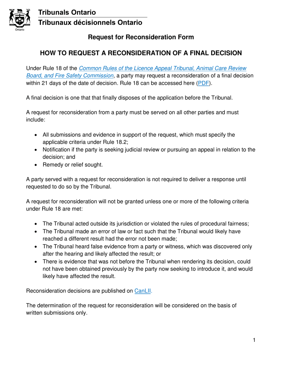 Ontario Canada Request for Reconsideration Form - Fill Out, Sign Online ...