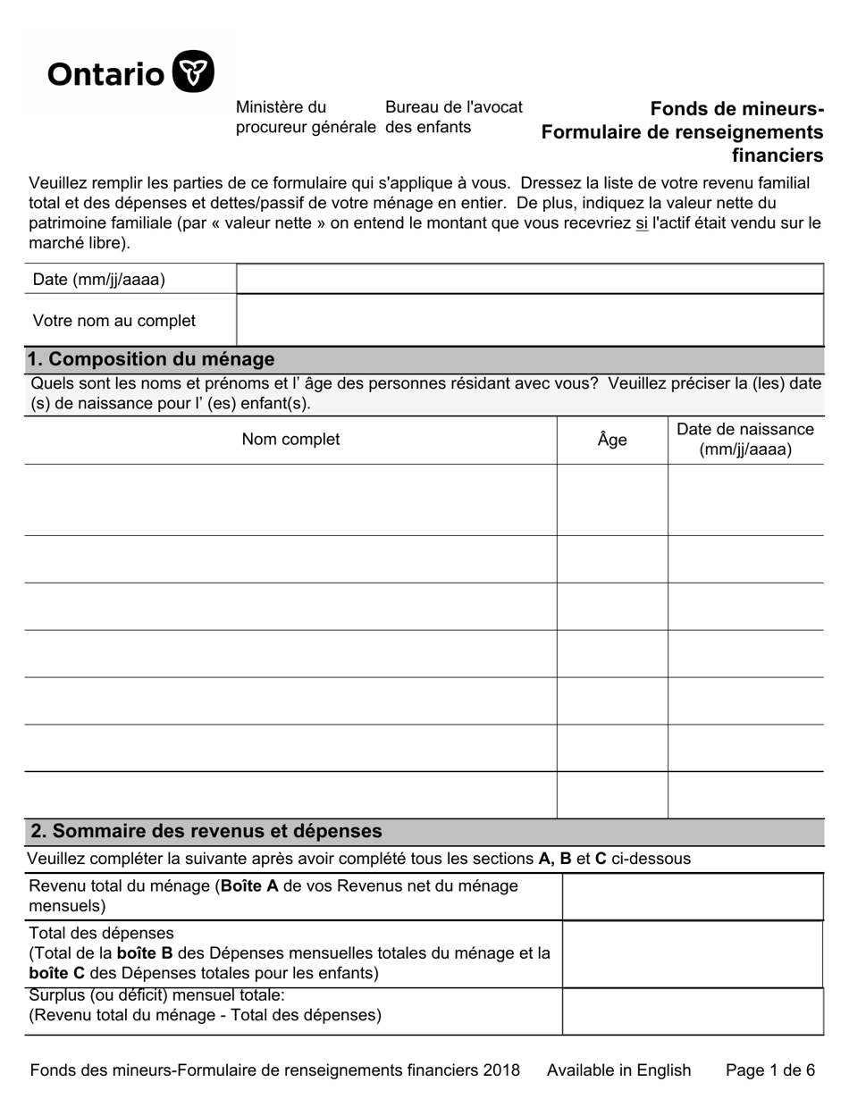 Ontario Canada Fonds De Mineurs - Formulaire De Renseignements ...