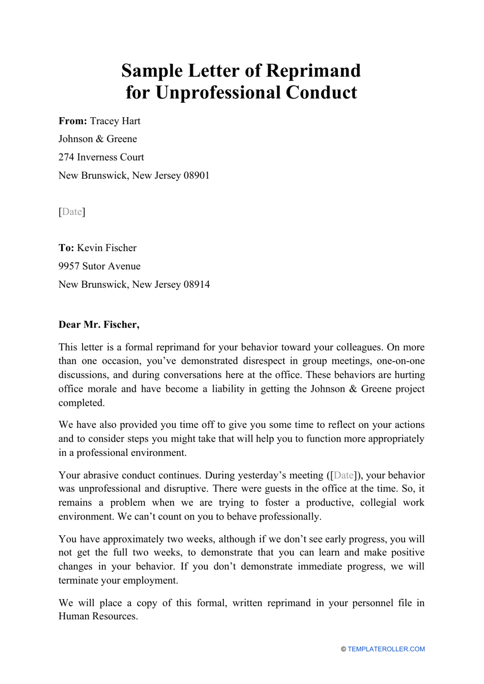 Sample Letter Of Reprimand For Unprofessional Conduct Download 