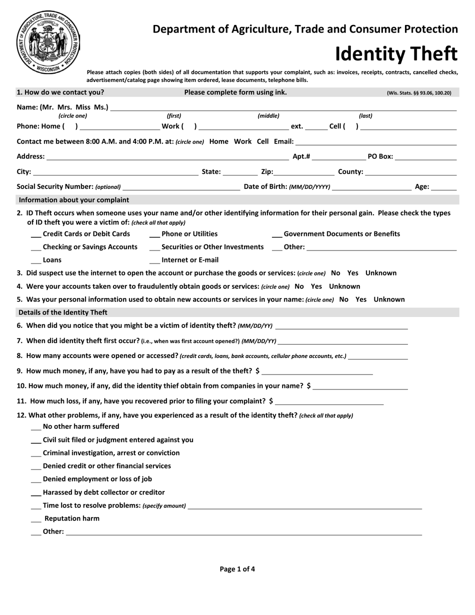 Wisconsin Identity Theft - Fill Out, Sign Online and Download PDF ...