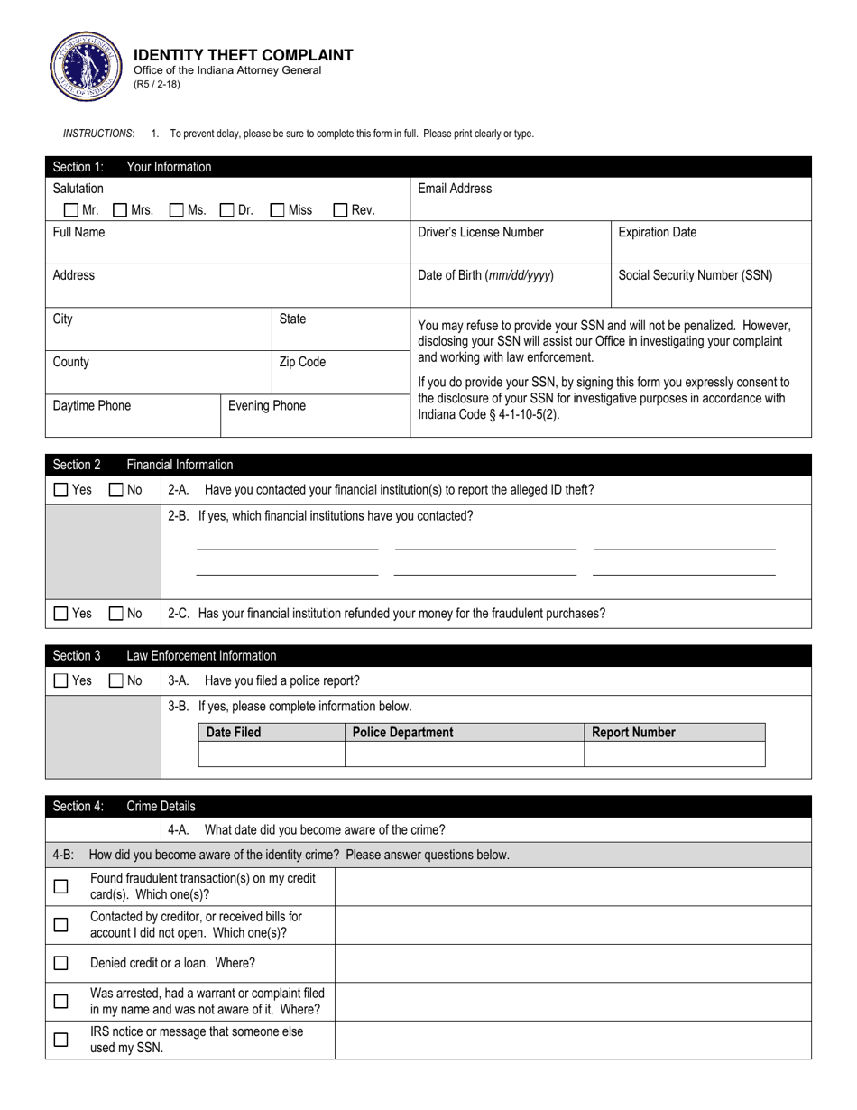 Indiana Identity Theft Complaint - Fill Out, Sign Online and Download ...
