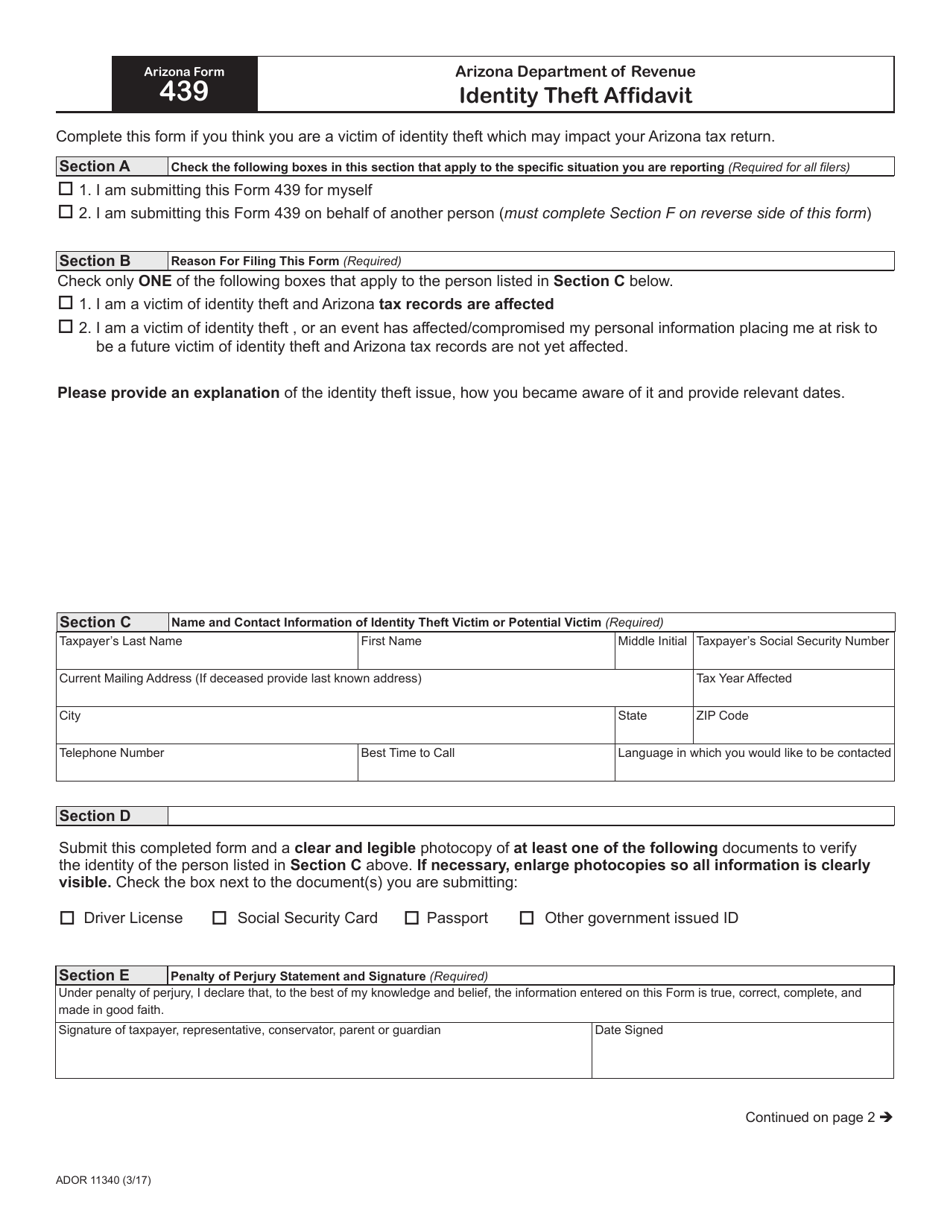 Arizona Form 439 - Fill Out, Sign Online and Download Fillable PDF ...