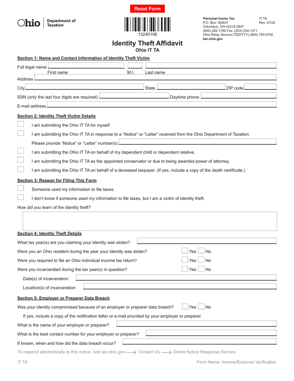 Ohio Identity Theft Affidavit - Fill Out, Sign Online and Download PDF ...