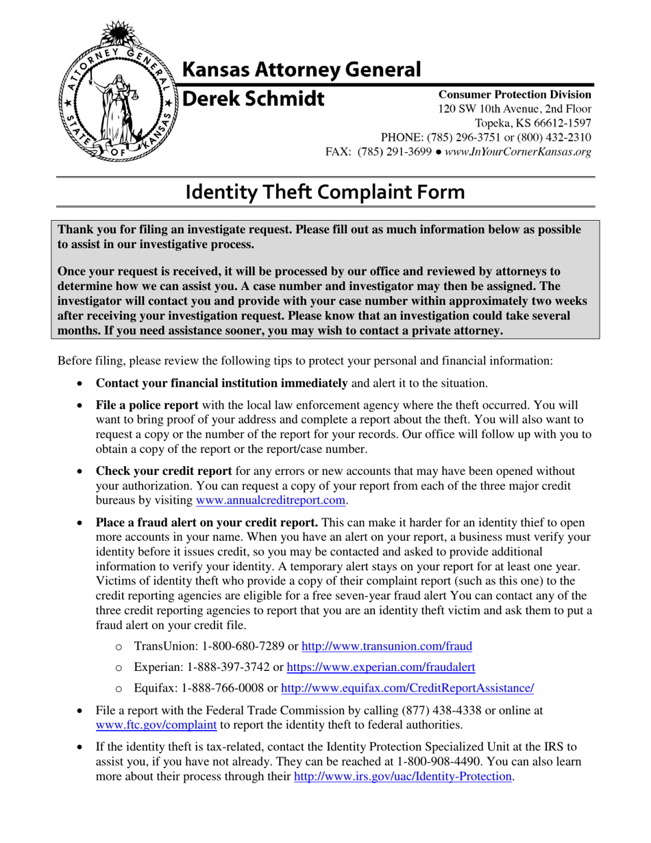 Kansas Identity Theft Complaint Form - Fill Out, Sign Online and ...