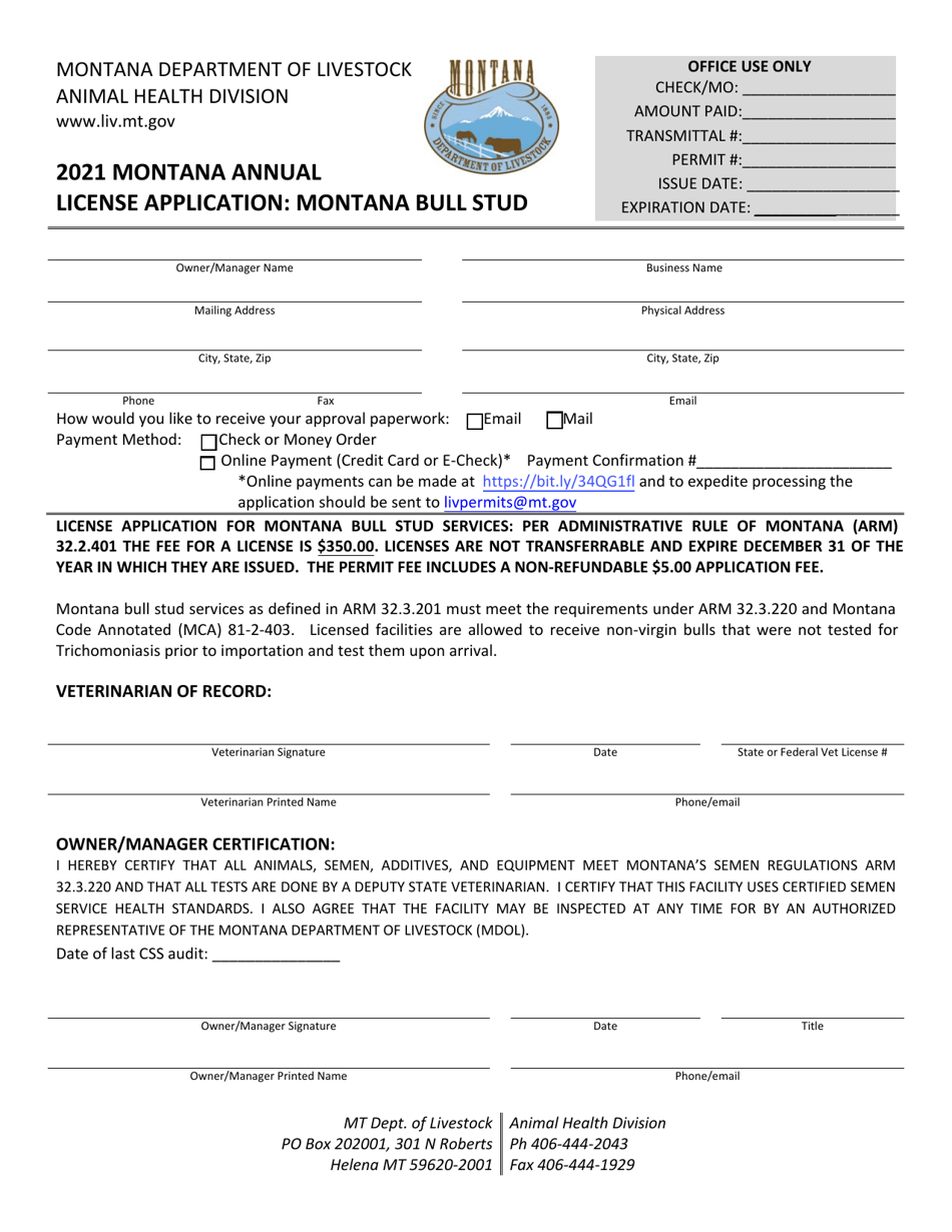 2021 Montana Montana Annual License Application: Montana Bull Stud ...