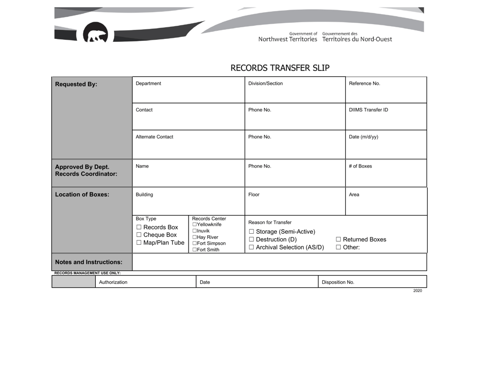 Northwest Territories Canada Records Transfer Slip - Fill Out, Sign ...