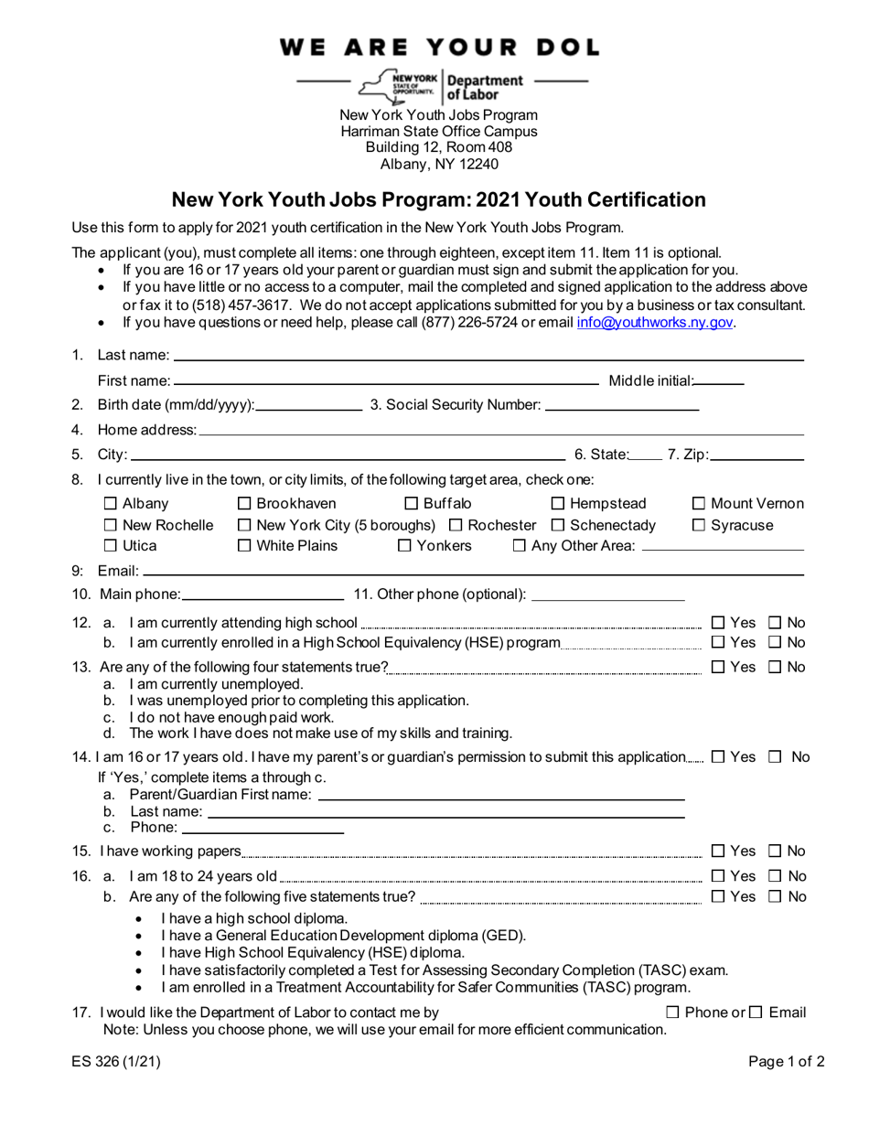 Form ES326 Download Printable PDF or Fill Online New York Youth Jobs ...