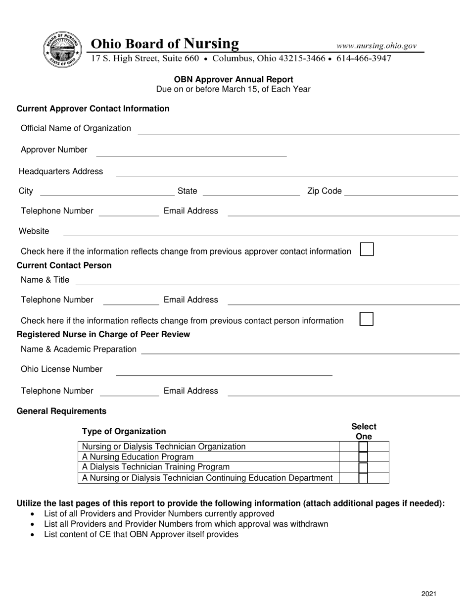 Ohio Obn Approver Annual Report Download Fillable PDF | Templateroller