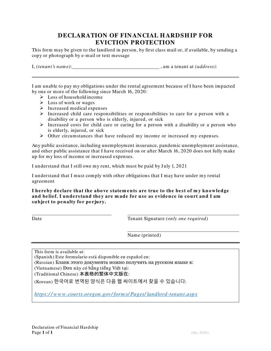 Oregon Declaration of Financial Hardship for Eviction Protection - Fill ...