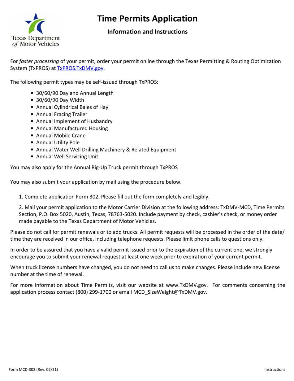 Form MCD-302 Download Fillable PDF or Fill Online Time Permits ...