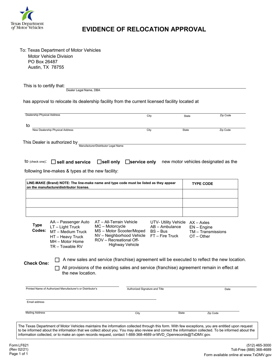 Form LF621 Download Fillable PDF or Fill Online Evidence of Relocation ...