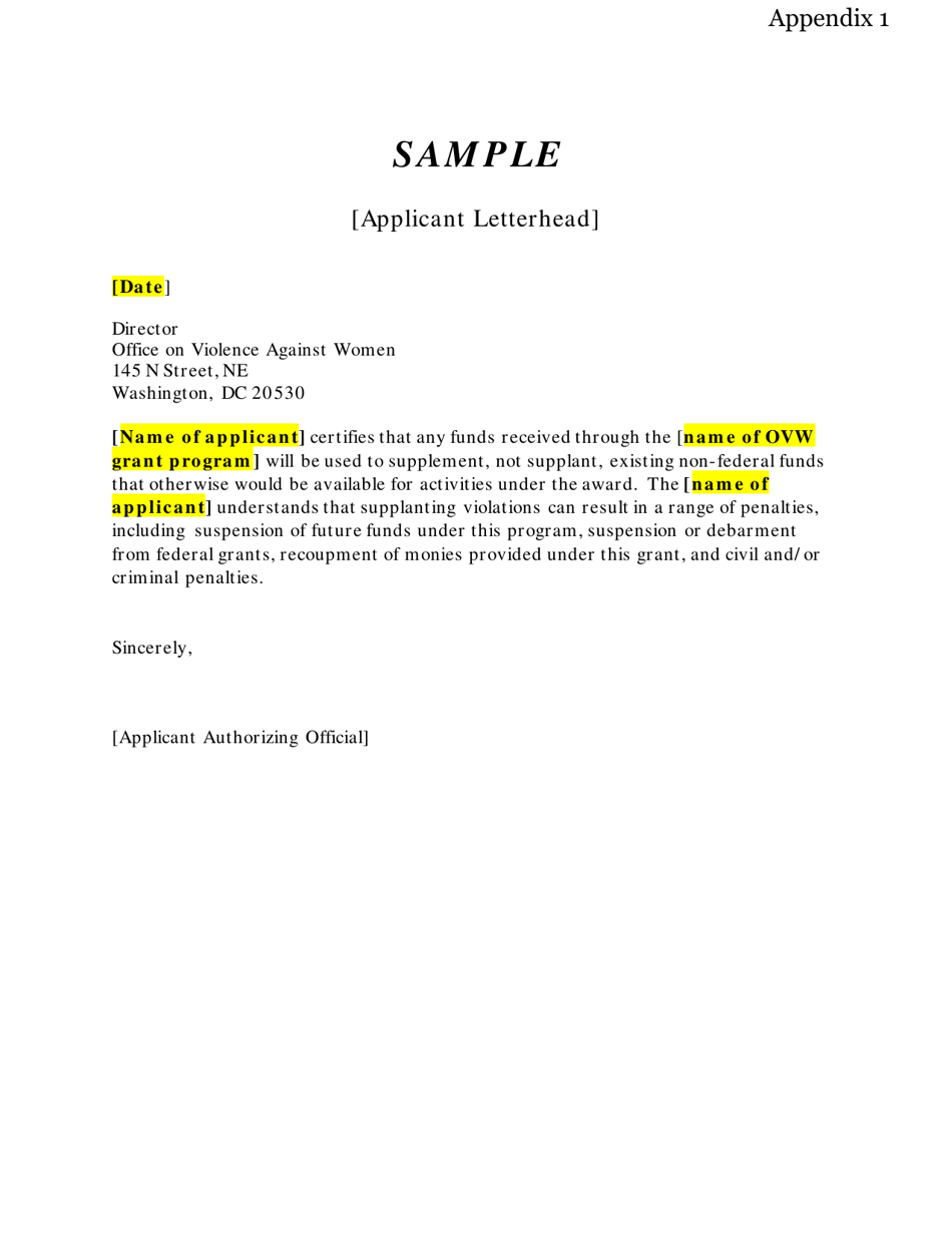 Sample Letter of Nonsupplanting - Fill Out, Sign Online and Download ...