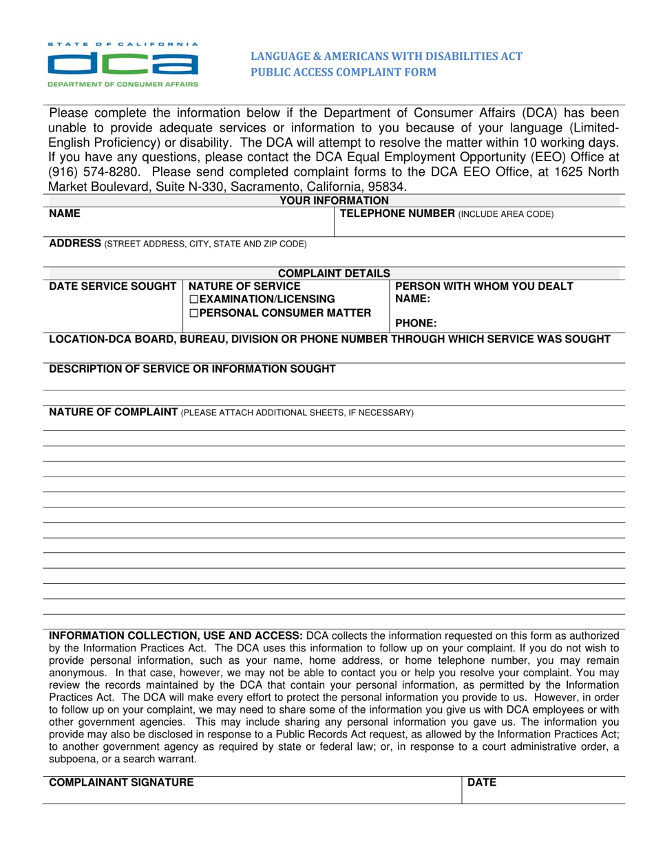 California Language & Americans With Disabilities Act Public Access Complaint Form Download ...