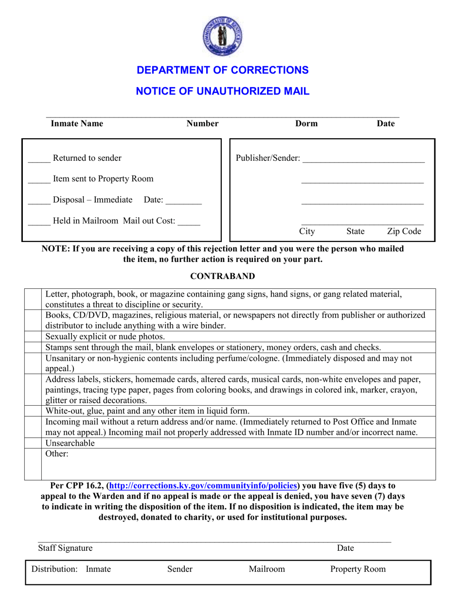 Kentucky Notice of Unauthorized Mail - Fill Out, Sign Online and ...