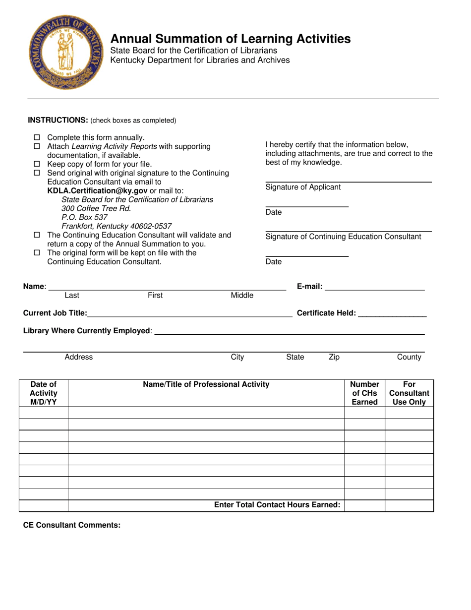 Kentucky Annual Summation of Learning Activities - Fill Out, Sign ...