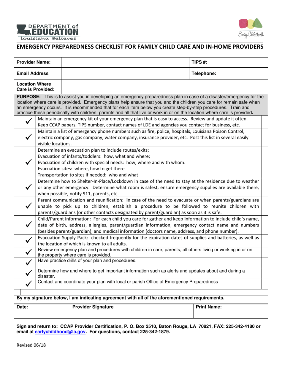Louisiana Emergency Preparedness Checklist for Family Child Care and in ...