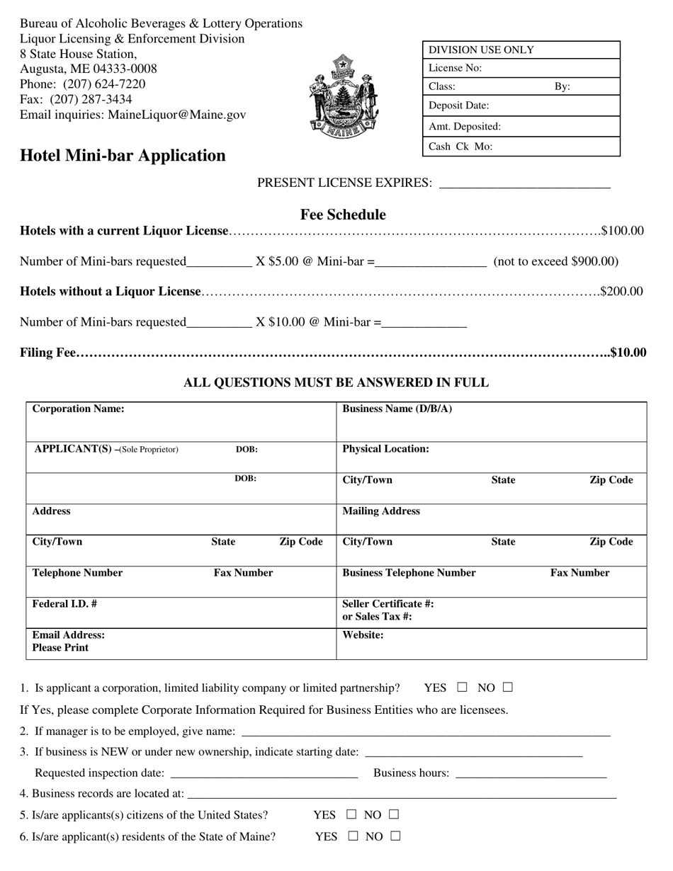 Maine Hotel Mini-Bar Application - Fill Out, Sign Online and Download ...