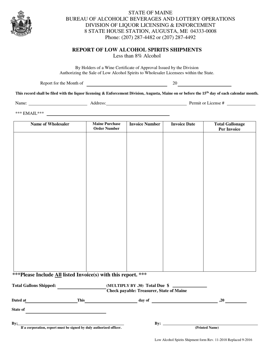 Maine Report of Low Alcohol Spirits Shipments Less Than 8% Alcohol ...