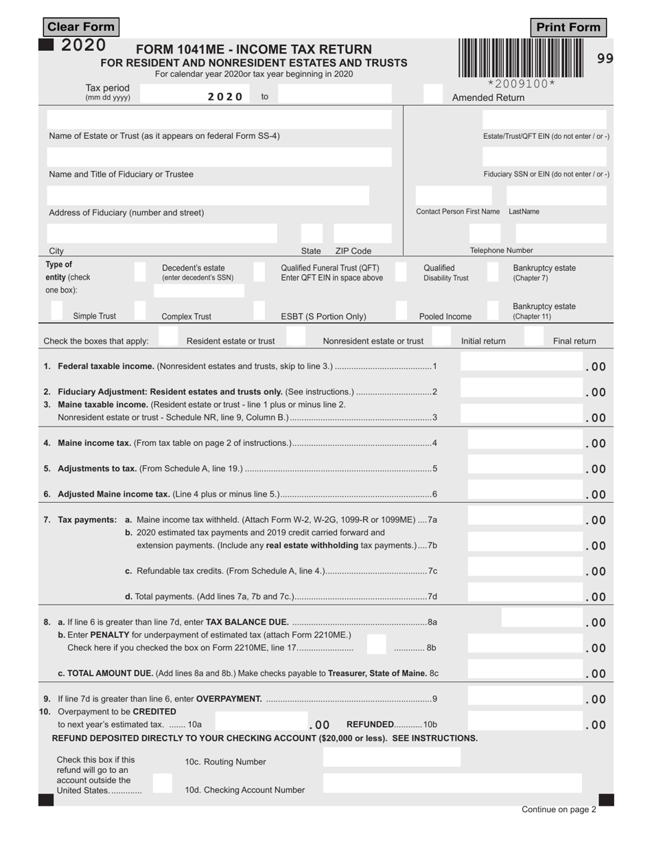 Form 1041ME Download Fillable PDF or Fill Online Income Tax Return for ...