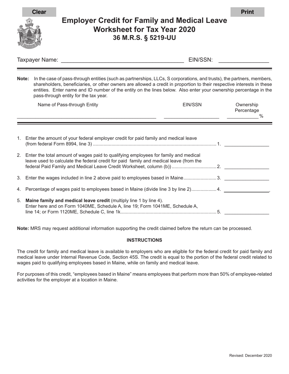 2020 Maine Employer Credit for Family and Medical Leave Worksheet ...
