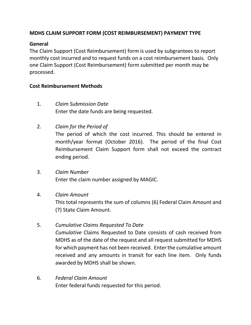 Download Instructions for Claim Support Form: Cost Reimbursement PDF ...