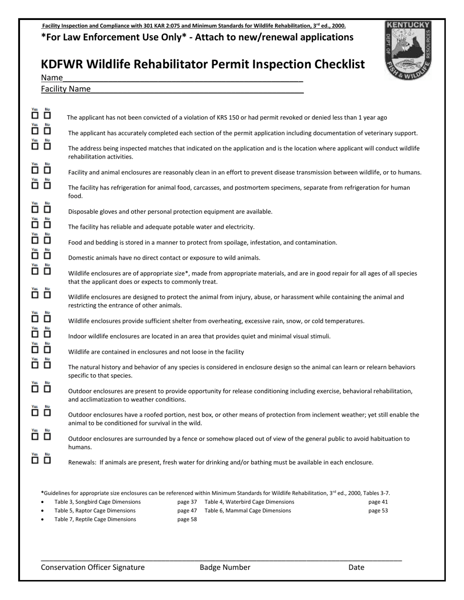 Kentucky Kdfwr Wildlife Rehabilitator Permit Inspection Checklist ...