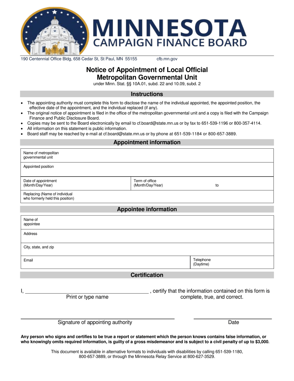 Minnesota Notice of Appointment of Local Official Metropolitan ...