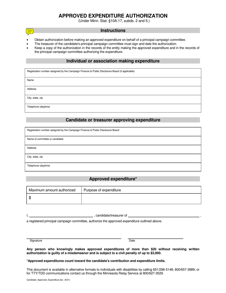 Minnesota Approved Expenditure Authorization - Fill Out, Sign Online ...