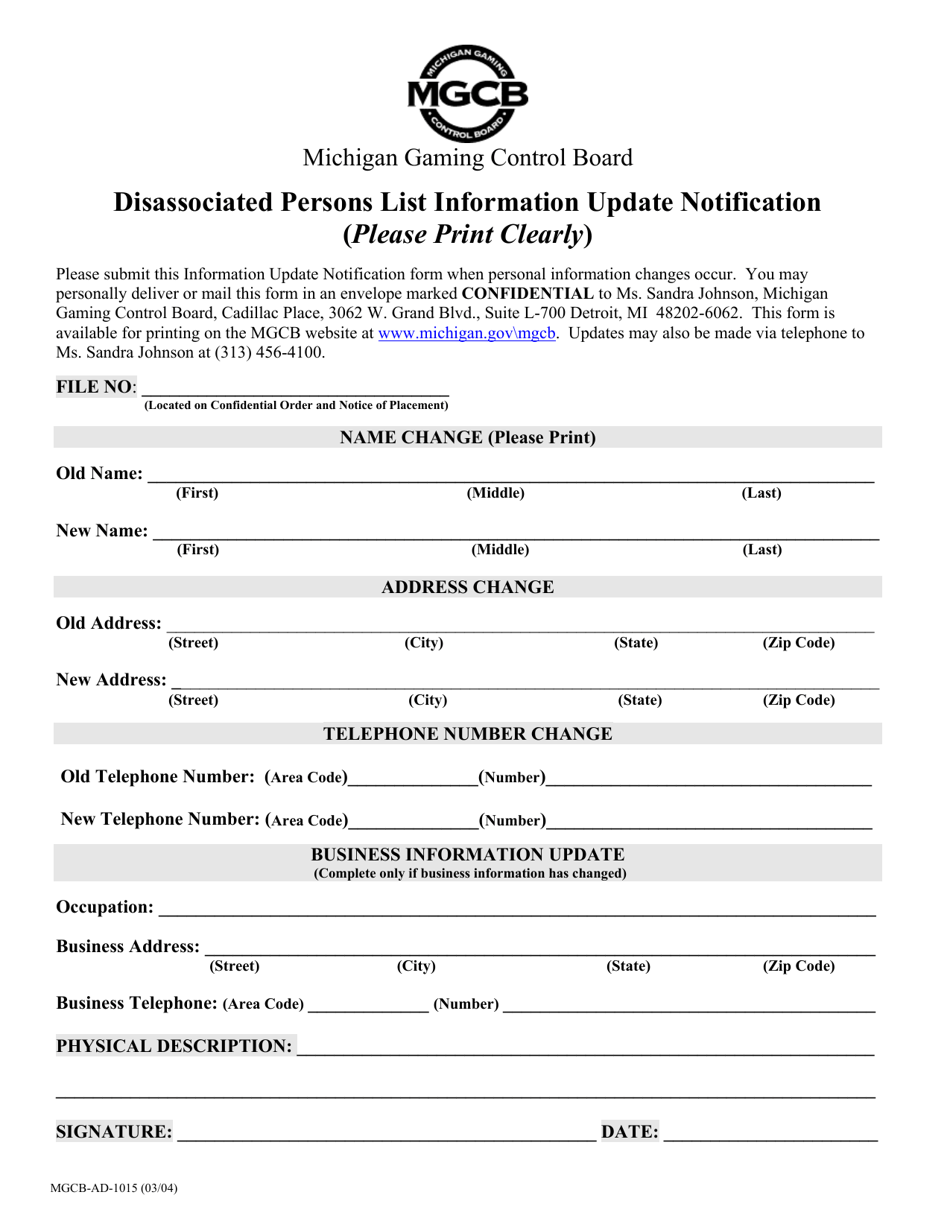 Form MGCB-AD-1015 - Fill Out, Sign Online and Download Printable PDF ...