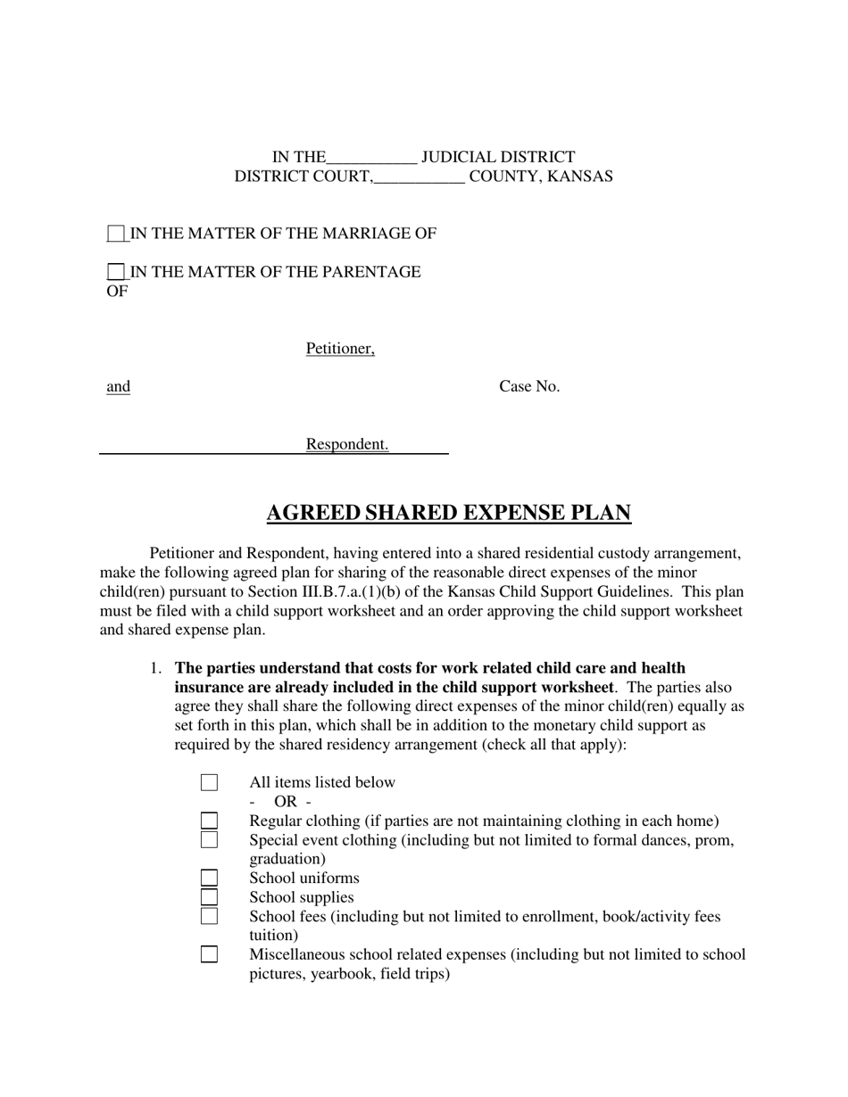 Kansas Agreed Shared Expense Plan - Fill Out, Sign Online and Download ...