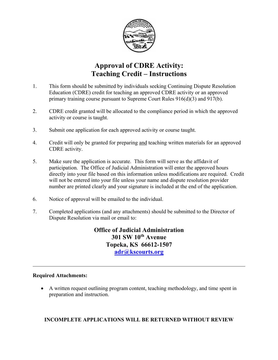 Kansas Approval of Cdre Activity: Teaching Credit - Application ...