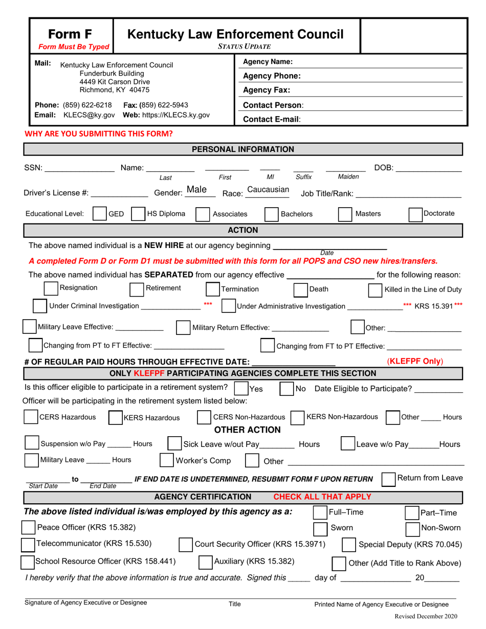 Form F - Fill Out, Sign Online and Download Fillable PDF, Kentucky ...