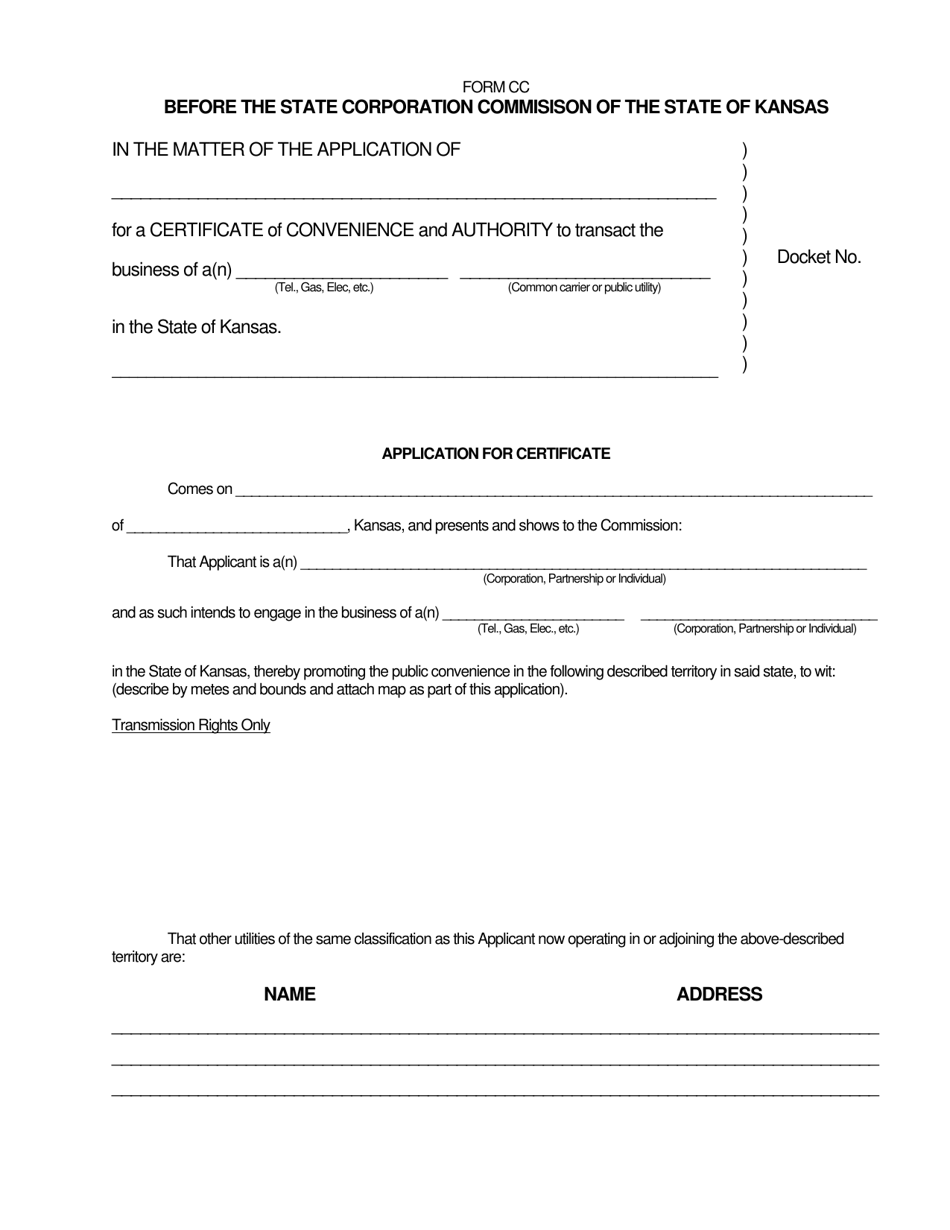 Form CC - Fill Out, Sign Online and Download Fillable PDF, Kansas ...