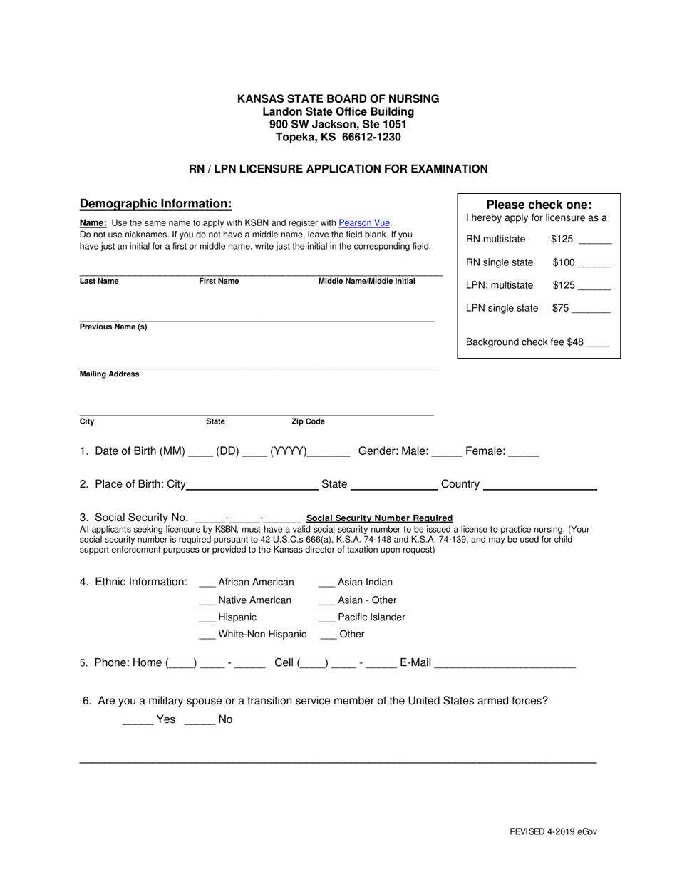 Kansas Rn / Lpn Licensure Application for Examination - Fill Out, Sign ...